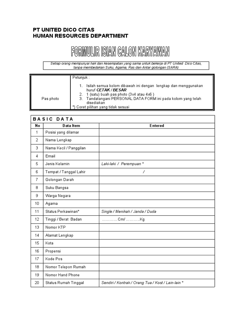 Form Aplikasi Calon Karyawan | PDF