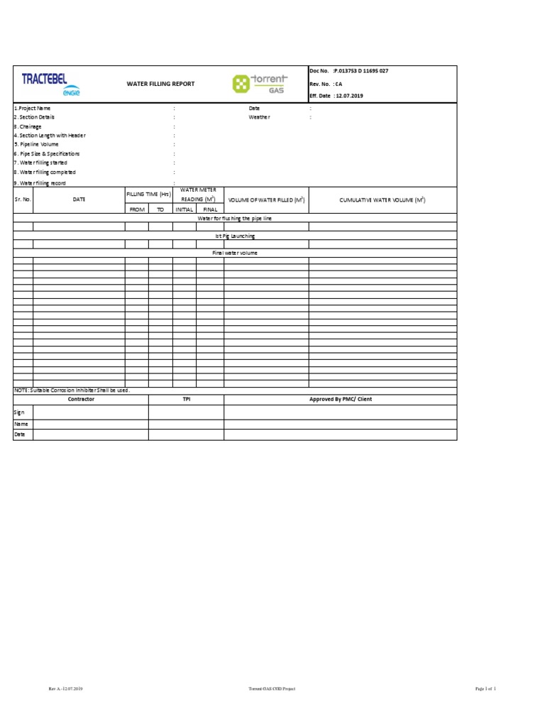 Pipeline Water Filling Report | PDF | Plumbing | Gases