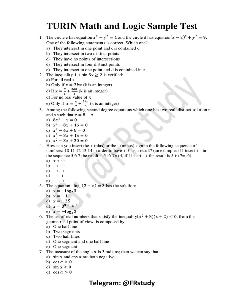 TURIN Math and Logic Sample Test | PDF | Elementary Mathematics ...