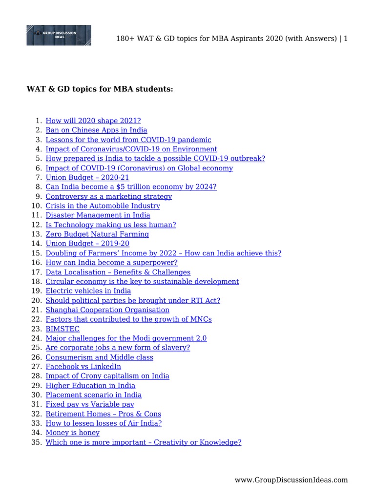 180+ WAT & GD Topics For MBA Aspirants 2020 (With Answers) | PDF ...