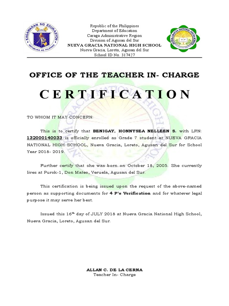 Certificate For Officially Enrolled | PDF