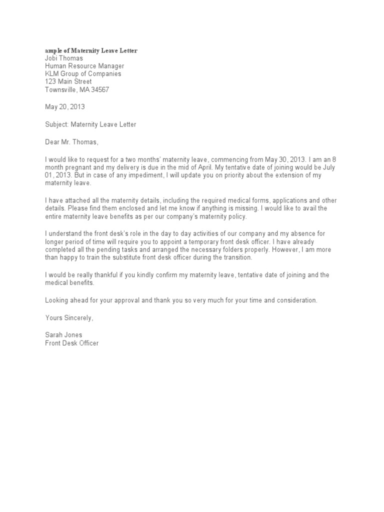 Sample of Maternity Leave Letter | PDF