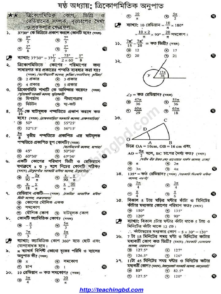 6th Chapter HSC Higher Mathematics 1st MCQ Question With Answer | PDF