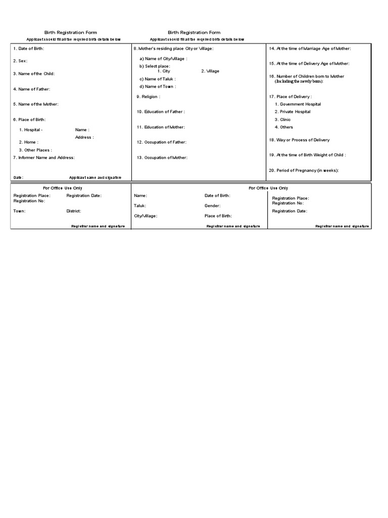 Birth Registration Form Birth Registration Form: For Office Use Only ...
