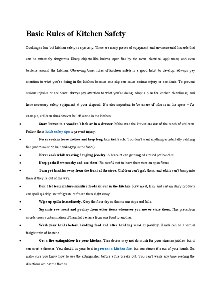 Kitchen Safety Rules Worksheet