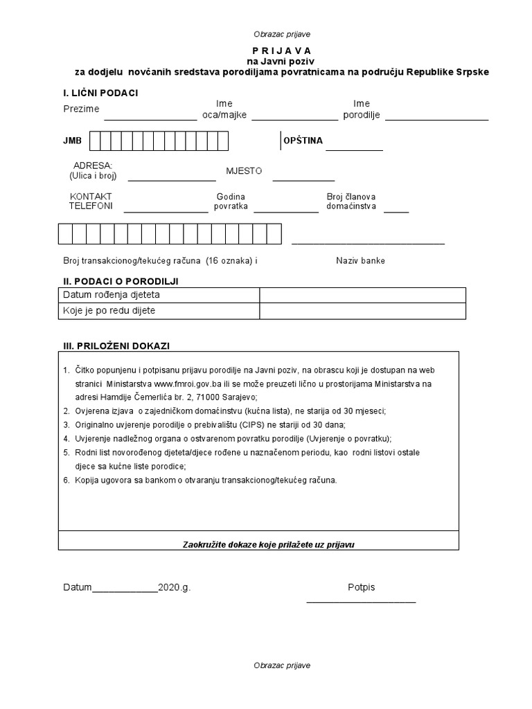 Obrazac Porodilje 1 | PDF