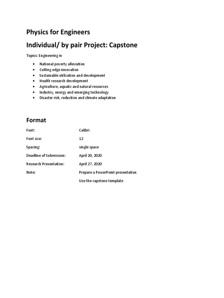 Physics For Engineers Individual/ by Pair Project: Capstone: Format | PDF