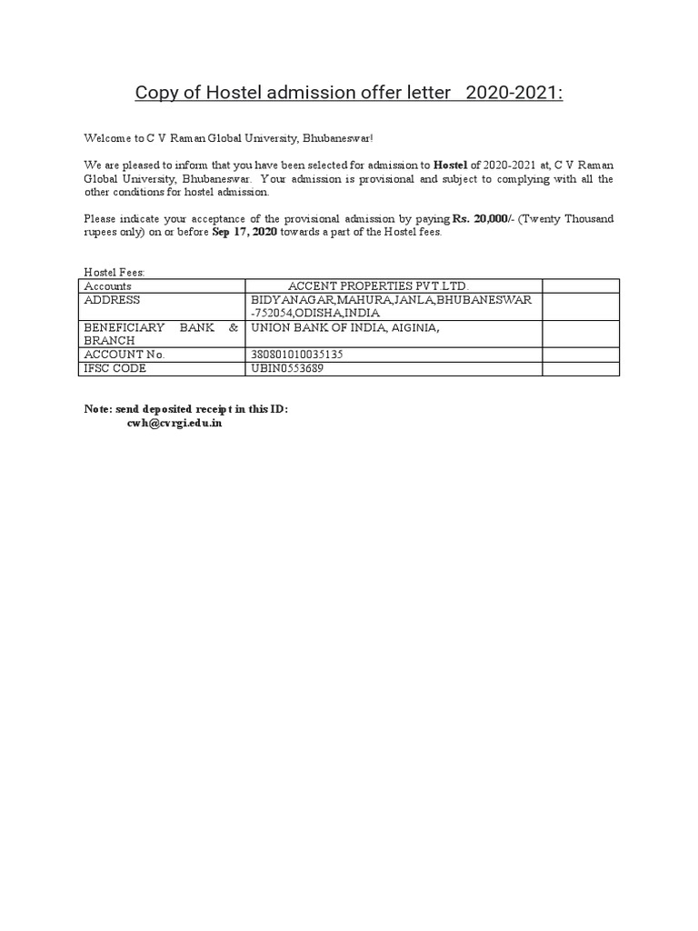 Hostel Admission Invitation | PDF