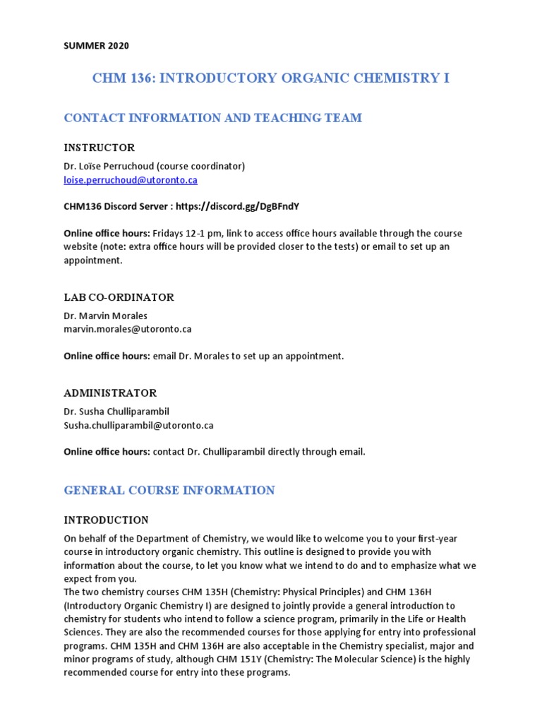 Syllabus CHM136 Summer 2020 (Updated) | PDF