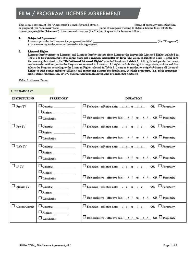 Standard Film Program License Agreement Contract | PDF | License ...