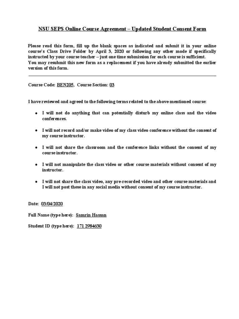 Student Online Class Consent Form-Updated | PDF