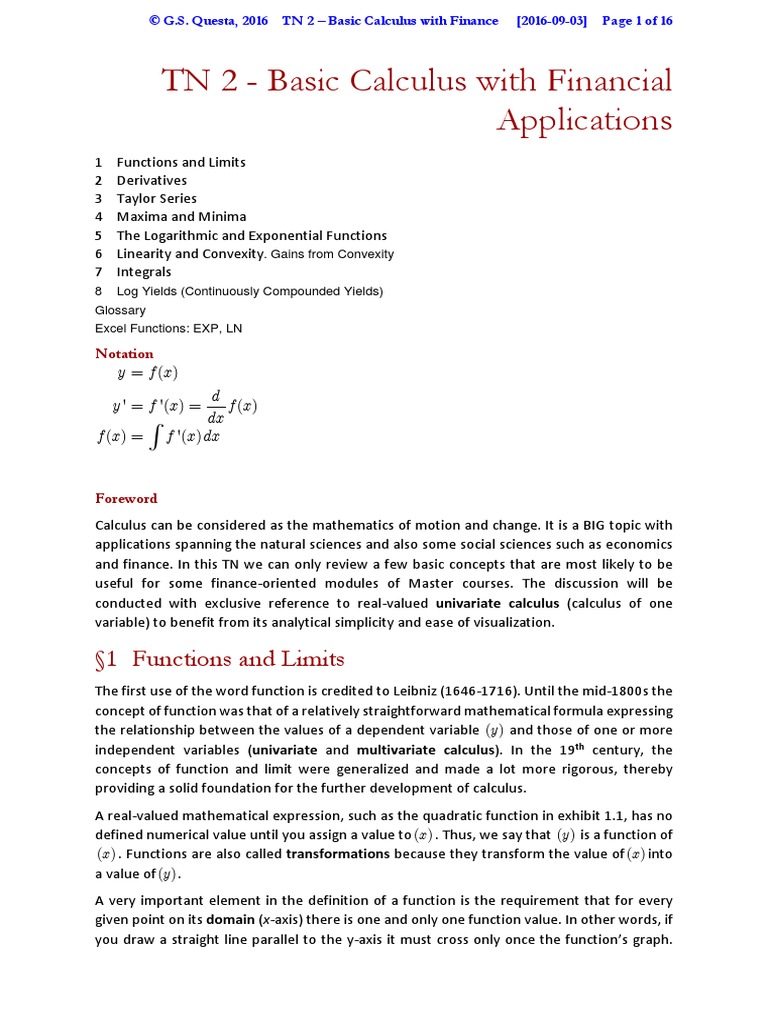 TN 2 - Basic Calculus With Financial Applications: 1 Functions and ...