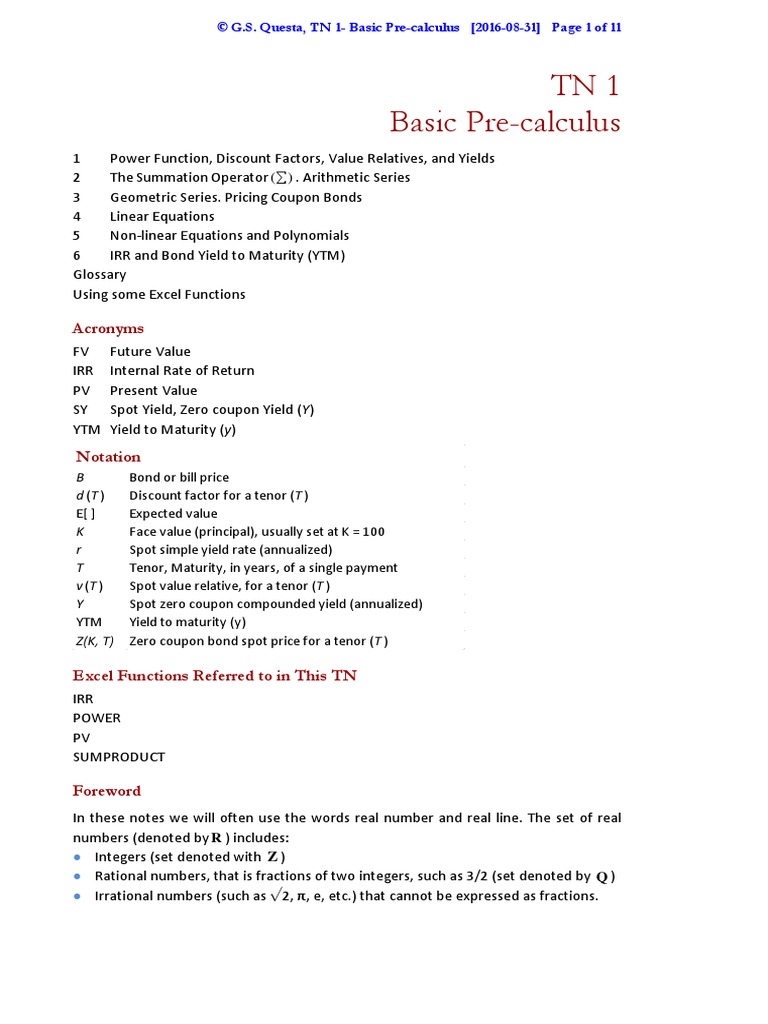 TN1 Basic Pre-Calculus: Acronyms | PDF | Yield (Finance) | Present Value