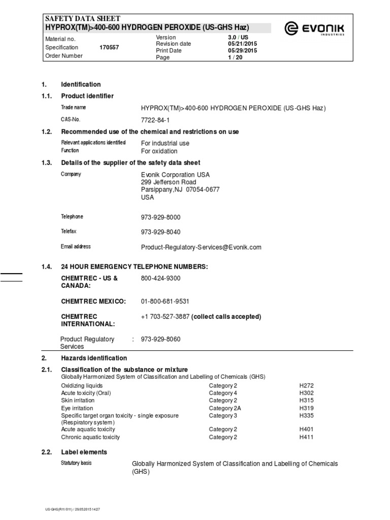 Safety Data Sheet Hyprox (TM) 400-600 Hydrogen Peroxide (Us-Ghs Haz ...