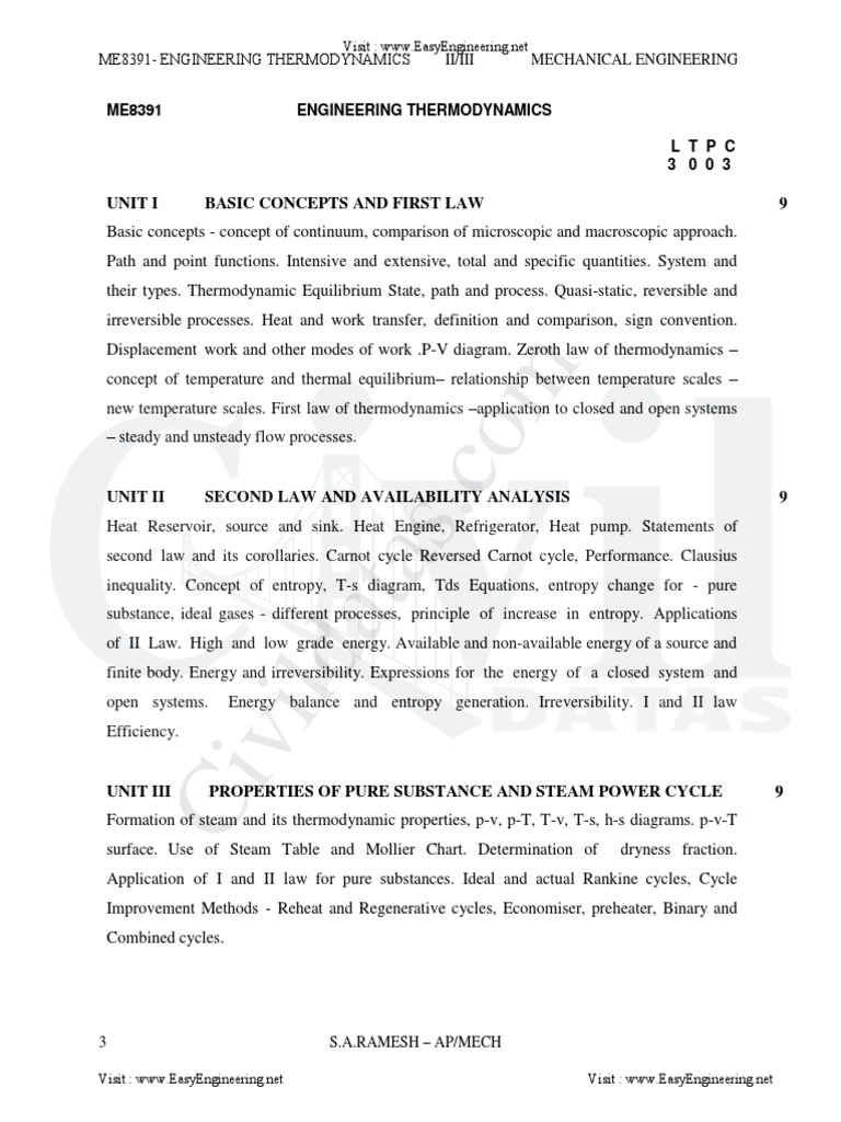 ME8391 Engineering Thermodynamics Syllabus | PDF | Heat | Second Law Of Thermodynamics