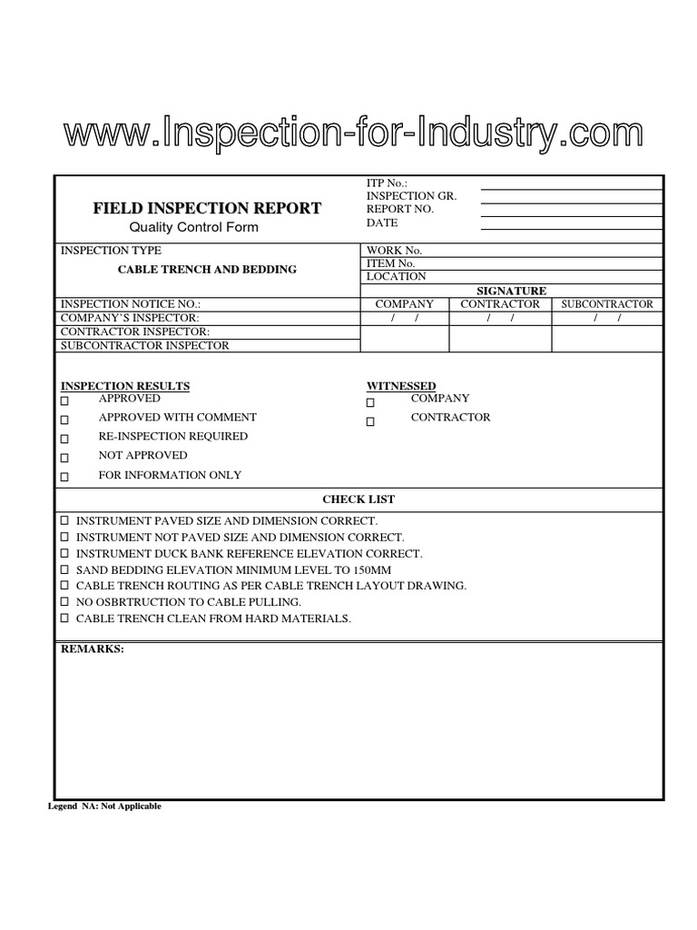 Cable Trench and Bedding Quality Control and Inspection Report Form | PDF