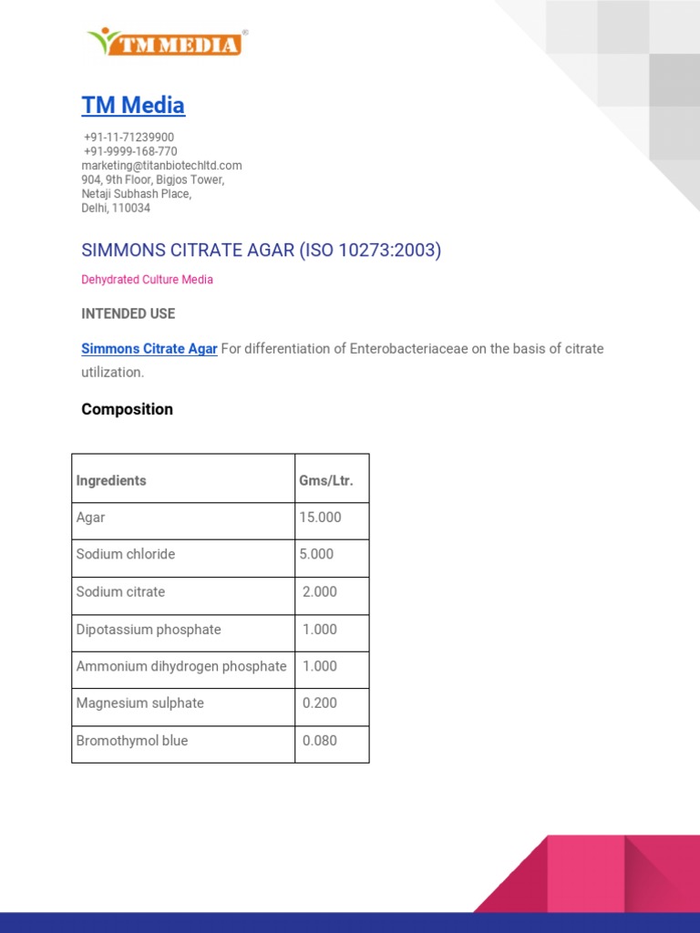 Simmons Citrate Agar - Summary and Explanation | PDF | Growth Medium ...
