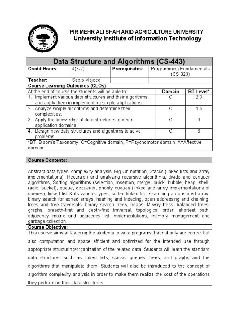 Data Structure and Algorithms (CS-443) : University Institute of ...