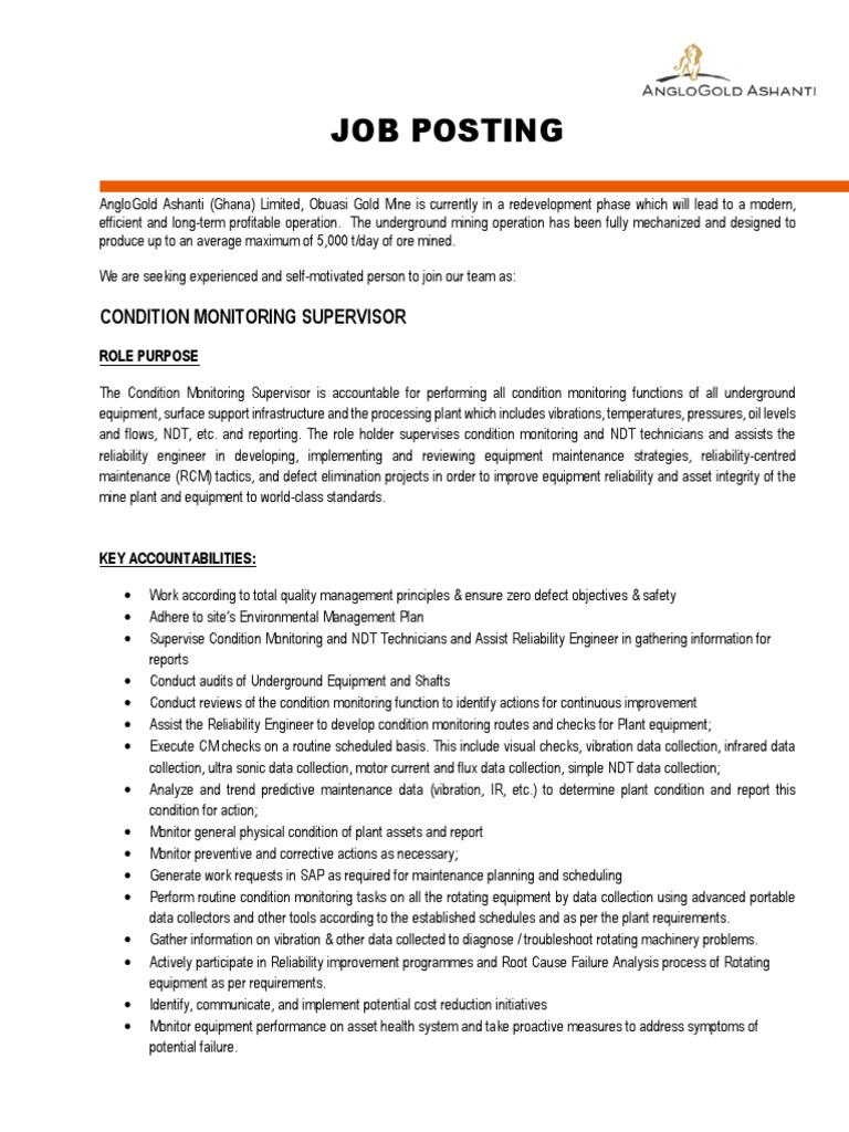 External Job Posting - Condition Monitoring Supervisor PDF | PDF ...