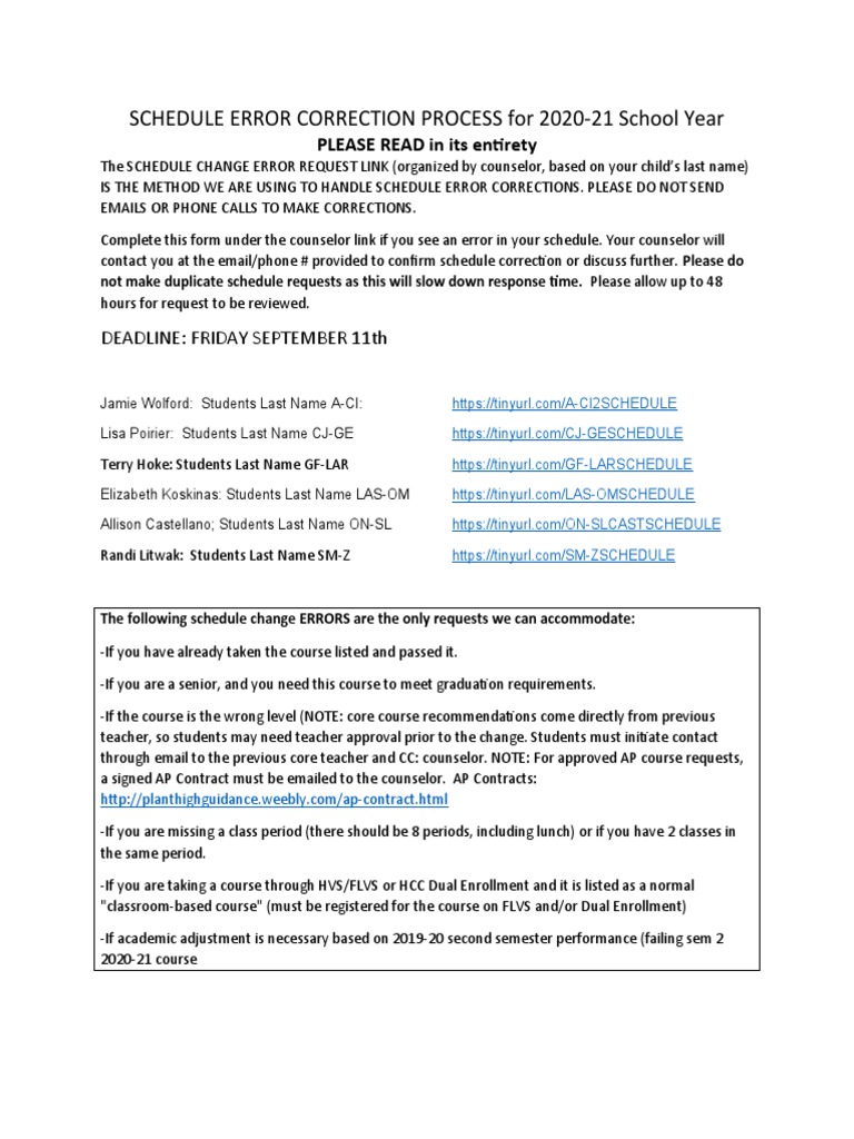Schedule Error Correction Process For 2020 | PDF | Educational ...