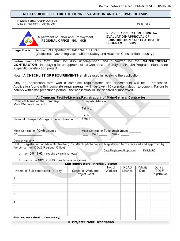 CSHP Application Form for Contractors | PDF | Occupational Safety And ...