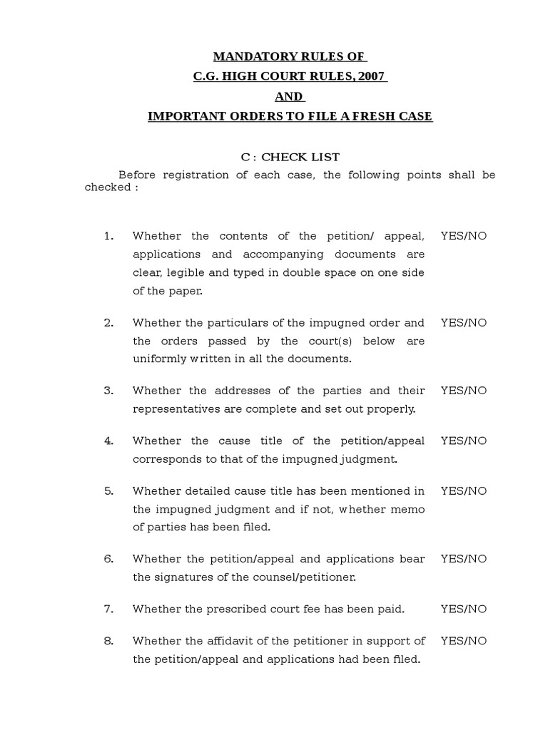 Mandatory Rules of C.G. High Court Rules, 2007 AND Important Orders To ...