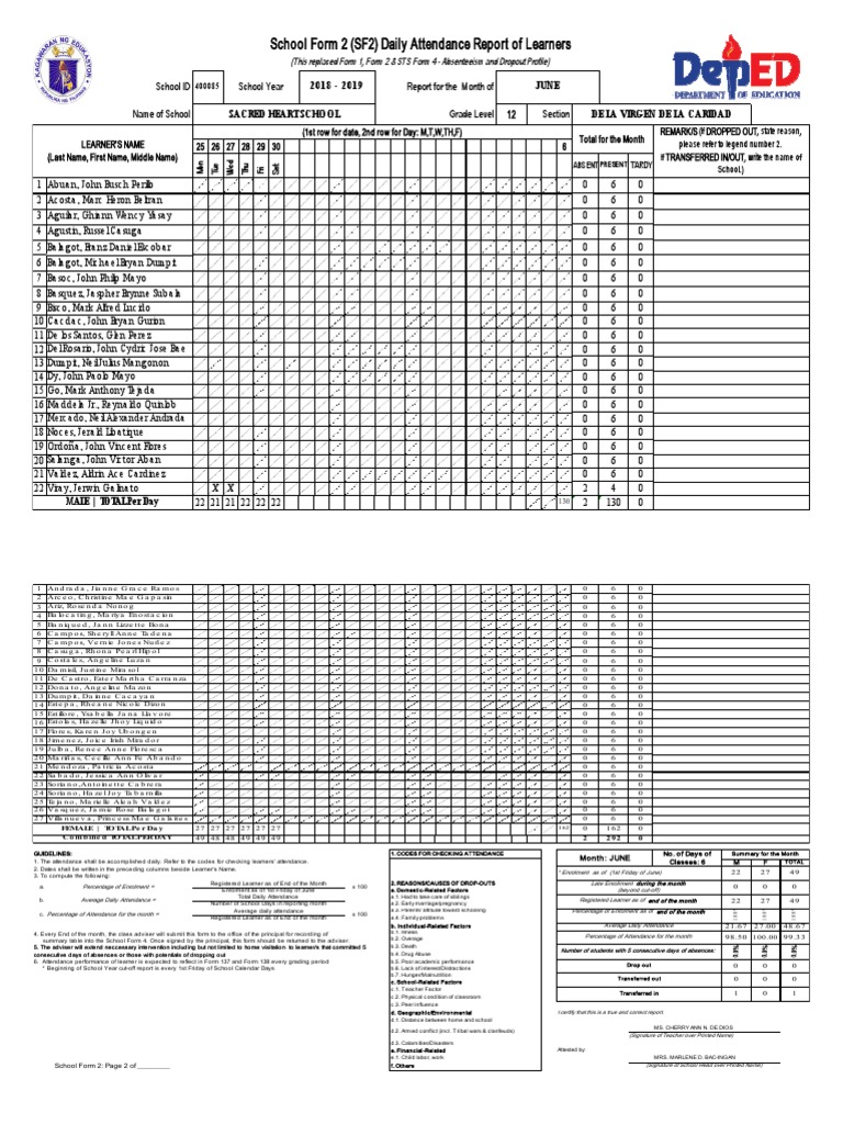 School Form 2 (SF2) Daily Attendance Report of Learners | PDF ...