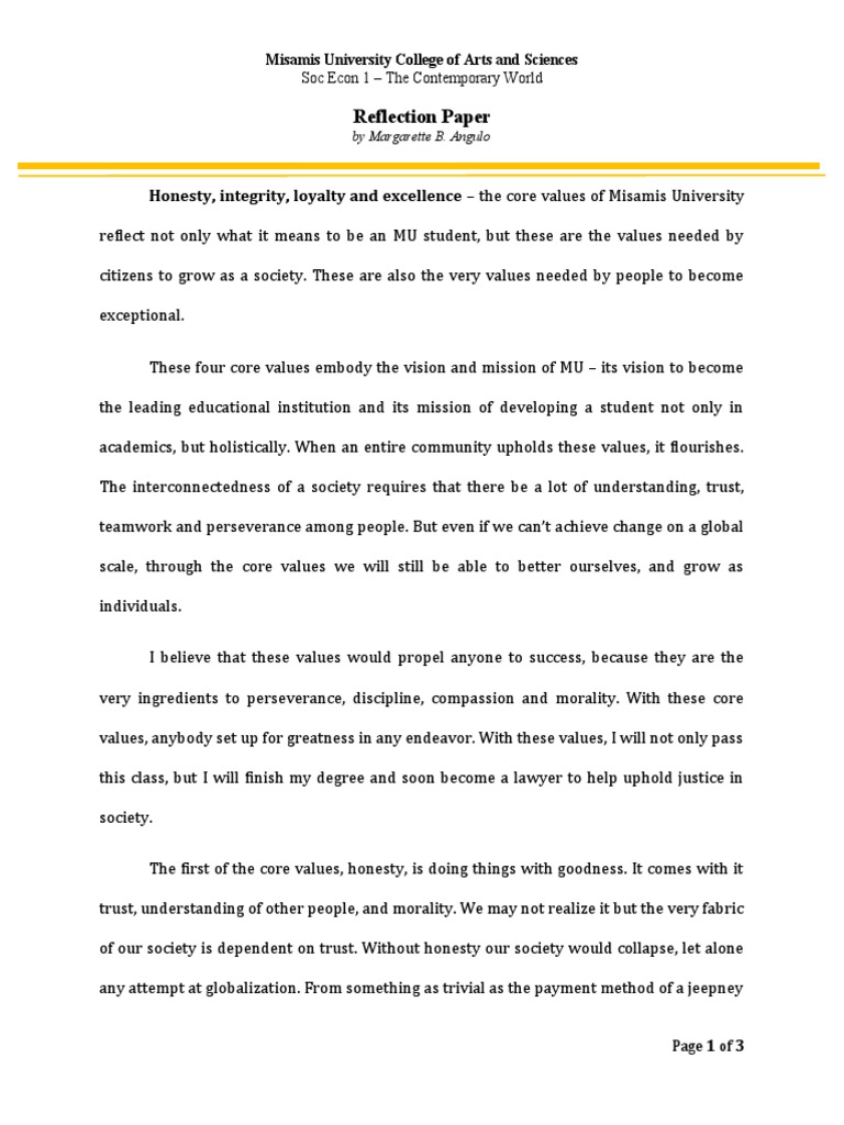 Reflection Paper: Honesty, Integrity, Loyalty and Excellence - The Core ...