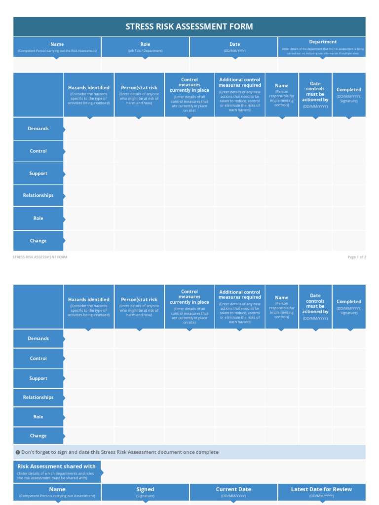 Stress Risk Assessment Form: Name Role Date Department | PDF | Risk ...