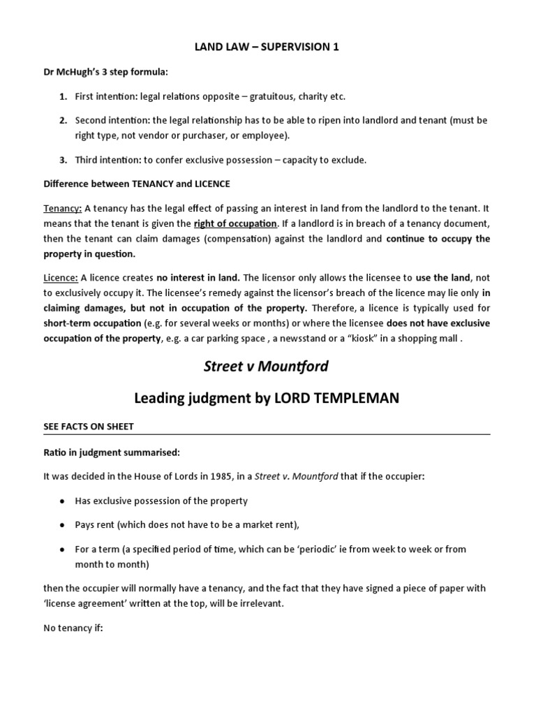 Leading Judgment by LORD TEMPLEMAN: Street V Mountford | PDF ...