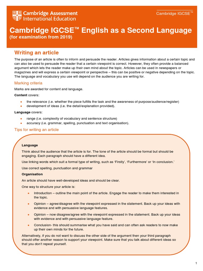 Cambridge IGCSE English As A Second Language: Writing An Article | PDF ...