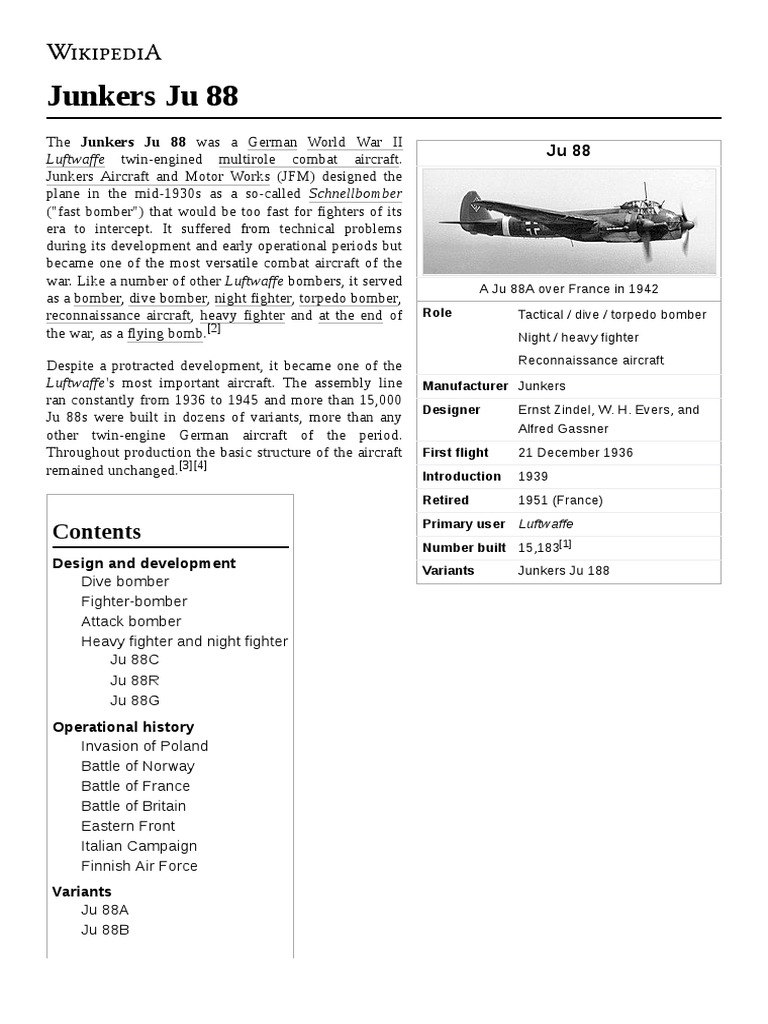 Junkers Ju 88: Luftwaffe Twin-Engined Multirole Combat Aircraft | PDF ...