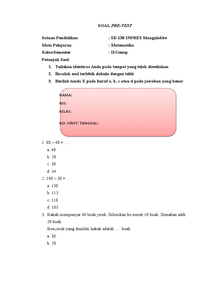 Soal Pre Test | PDF | Griya & Taman