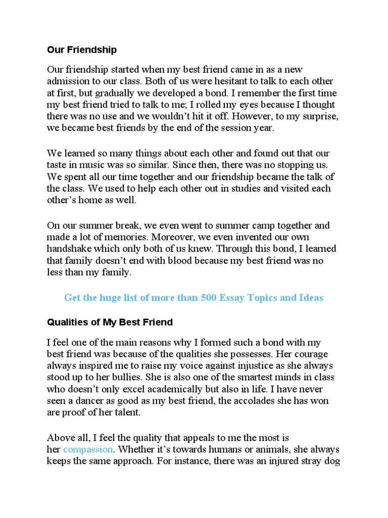 Our Friendship: Get The Huge List of More Than 500 Essay Topics and ...