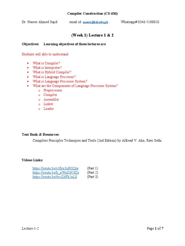 (Week 1) Lecture 1 & 2: Dr. Naseer Ahmed Sajid Email Id: Whatsapp# 0346-5100010 | PDF | Computer ...