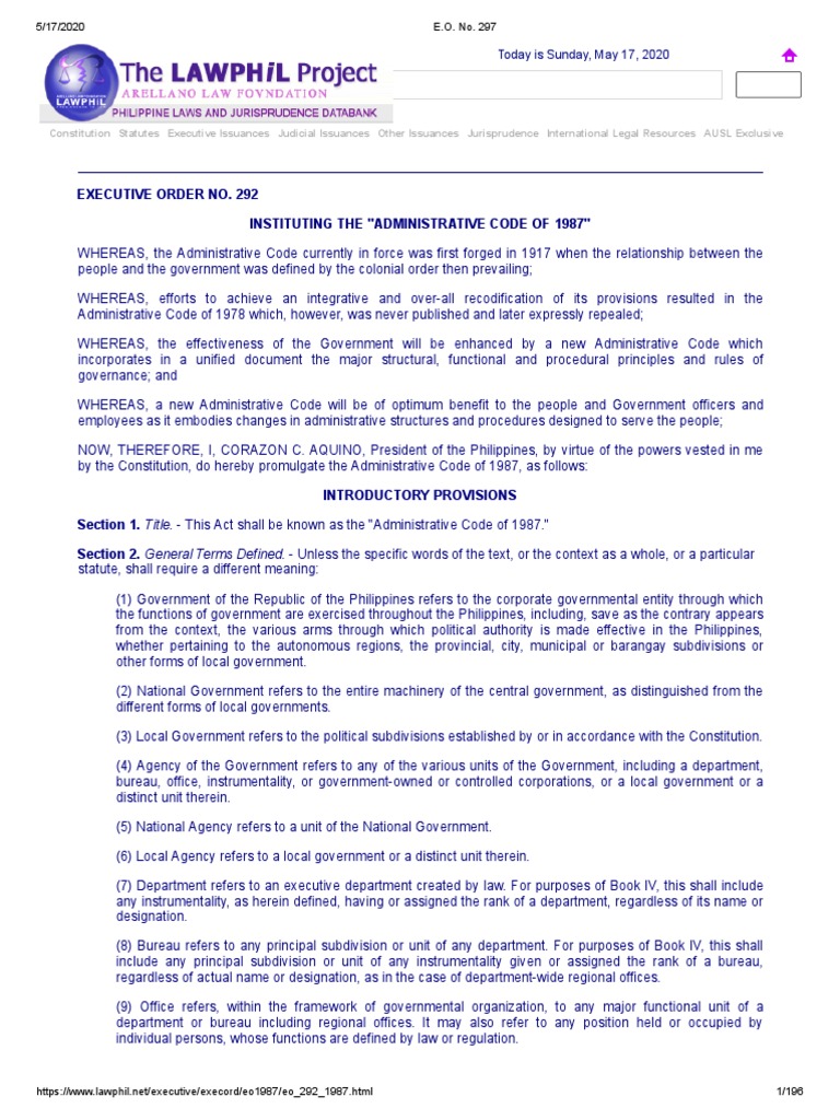 EO No. 292, S. 1987 Administrative Code of 1997 | PDF | Oath Of Office ...