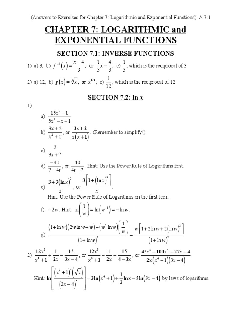 CalcAnswersCh7 Nswers To Exercises For Chapter 7 Logarithmic and Exponential Functions PDF | PDF ...