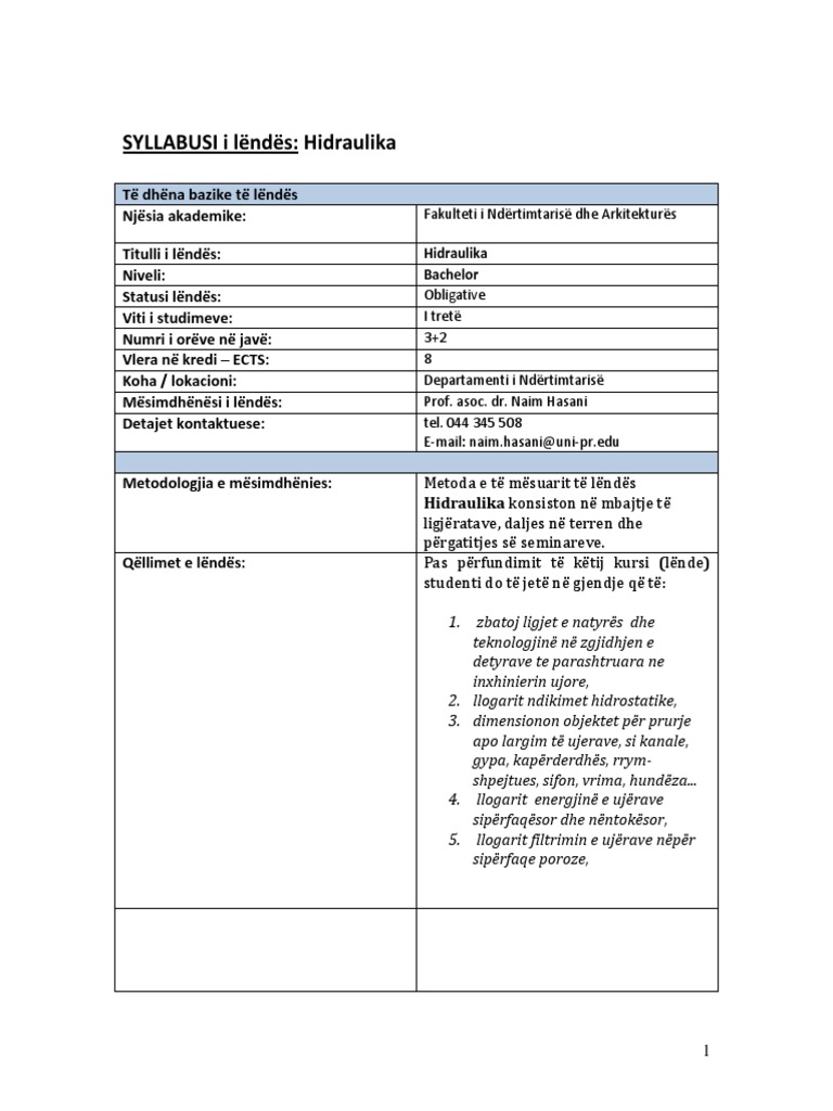Syllabus Hidraulika Naim-Hasani PDF | PDF