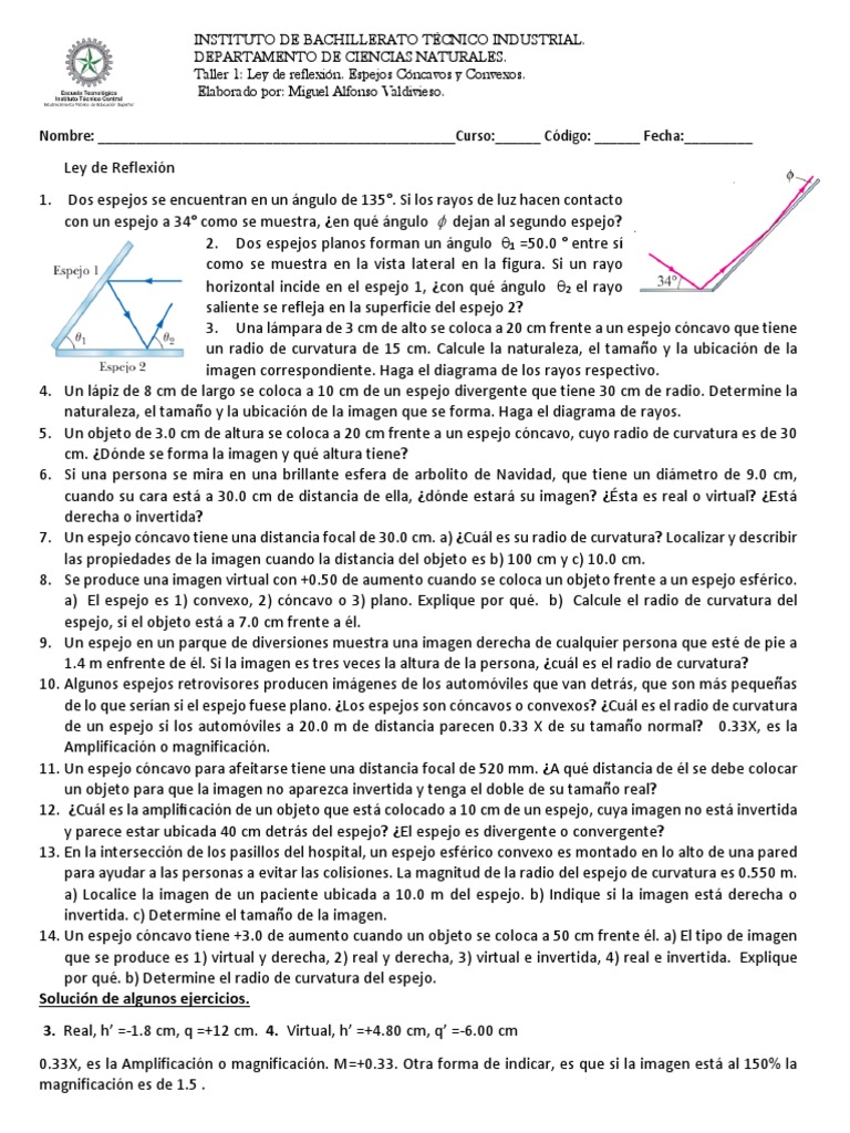 Taller sobre Espejos Cóncavos y Convexos | PDF | Espejo | Reflexión ...