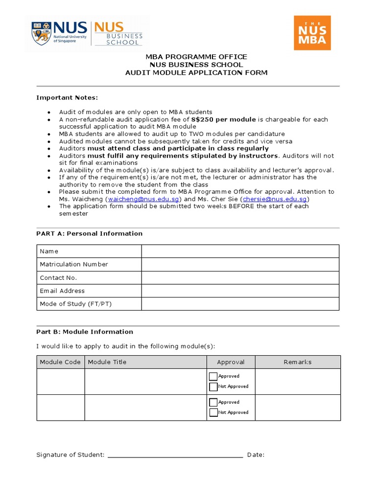 NUS MBA Audit Module Application Form | PDF | Finance & Money Management