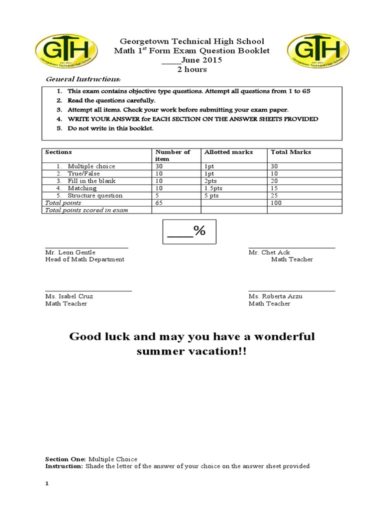 GTHS First Form Math Exam | PDF | Numbers | Area