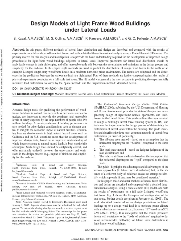 Design Models of Light Frame Wood Buildings Under Lateral Loads | PDF ...