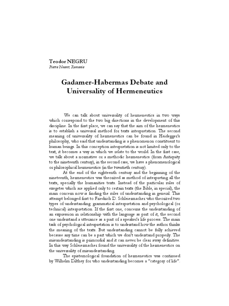 Gadamer-Habermas Debate and Universality of Hermeneutics: Teodor NEGRU ...