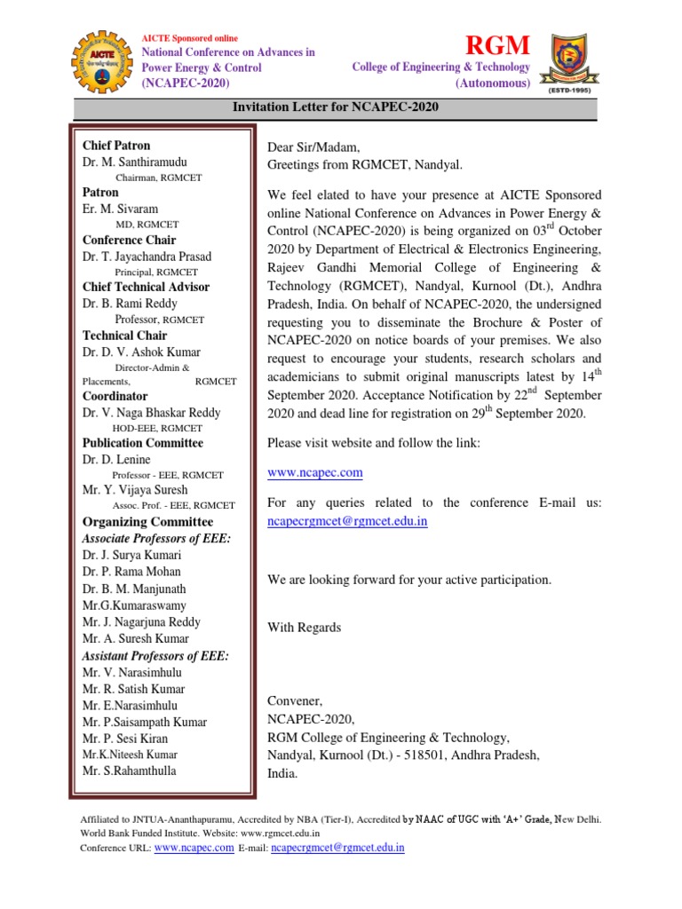 Invitation Letter For NCAPEC-2020: Chief Patron | PDF | Business