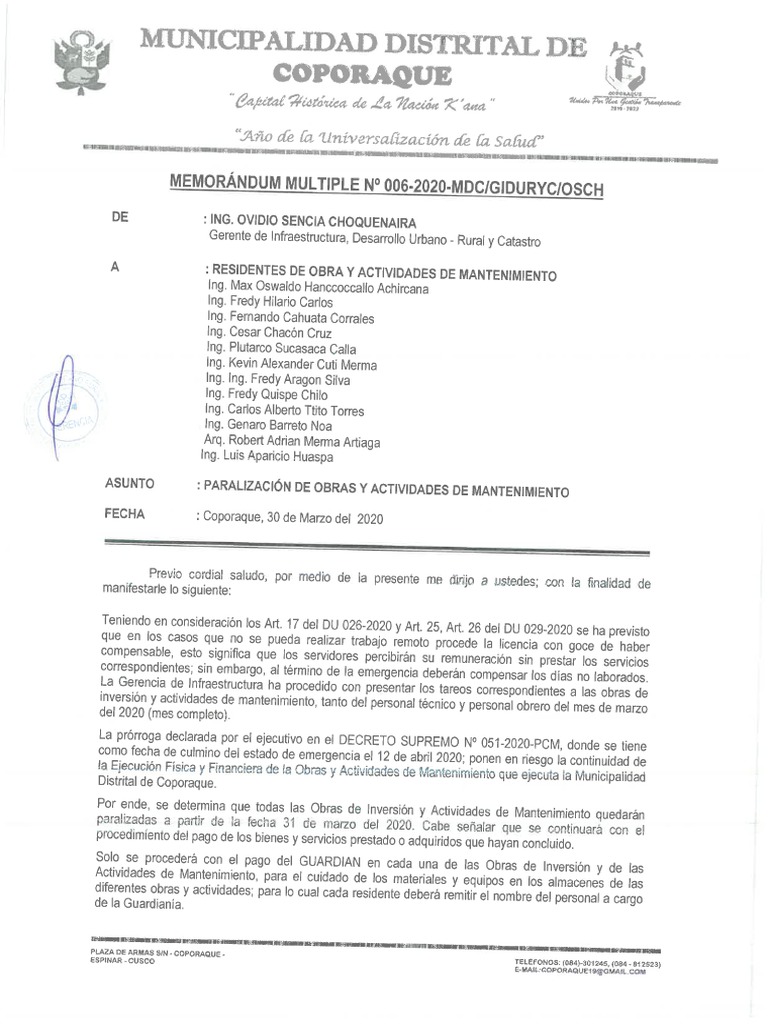 Memorandum Multiple #006-2020 Paralizacion de Obra PDF | PDF
