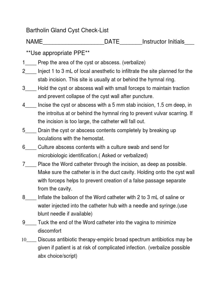 Bartholin Gland Cyst Check-List NAME - DATE - Instructor Initials - Use ...