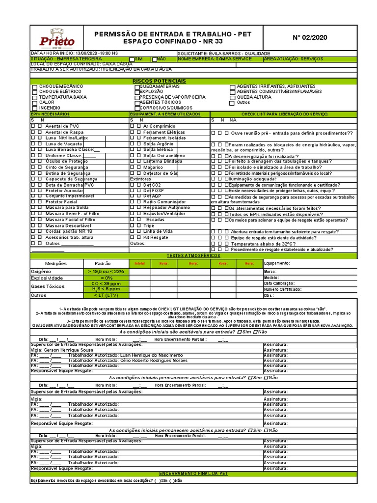 Permissão de Entrada e Trabalho - Pet NR33 | PDF | Química | Natureza
