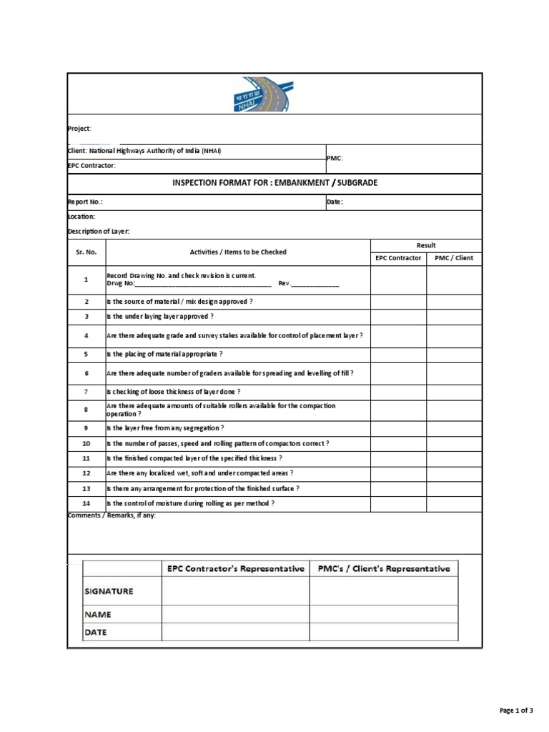 NHI Checklist EMBANKMENT SUBGRADE | PDF