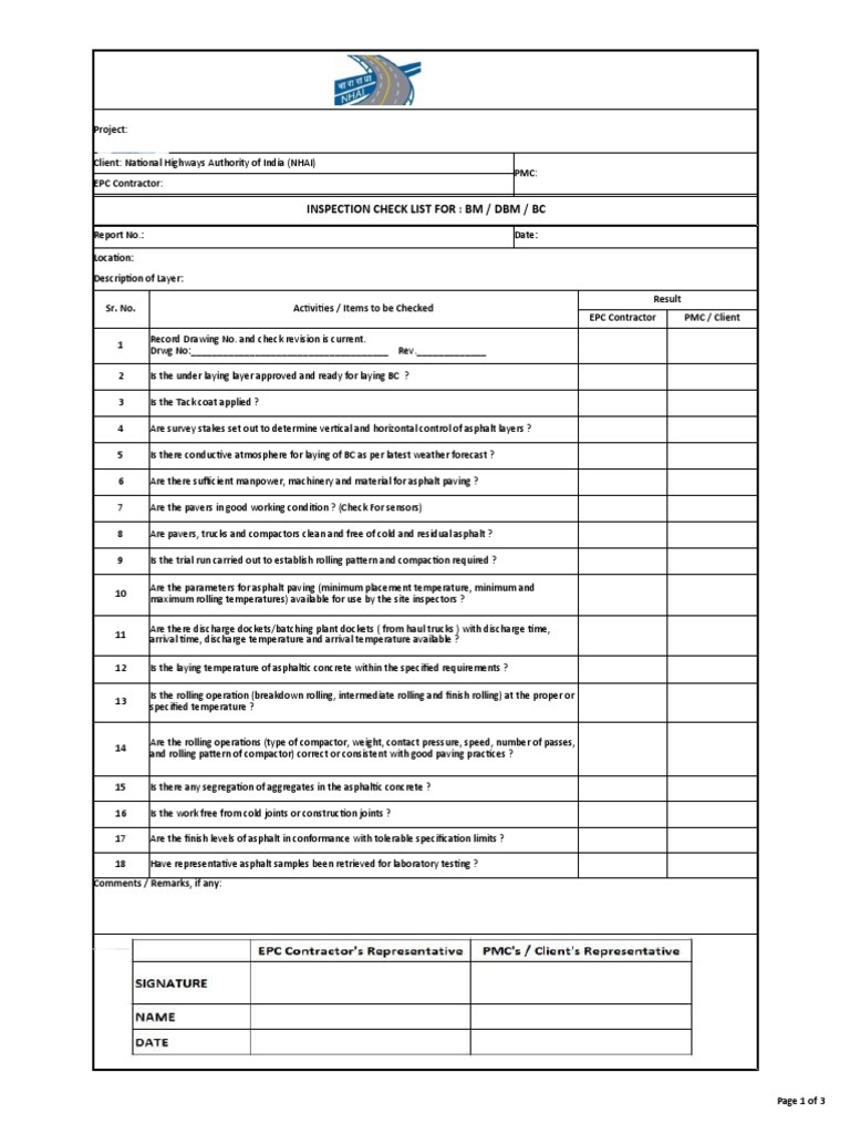 NHI Checklist BM DBM BC | PDF | Asphalt | Concrete