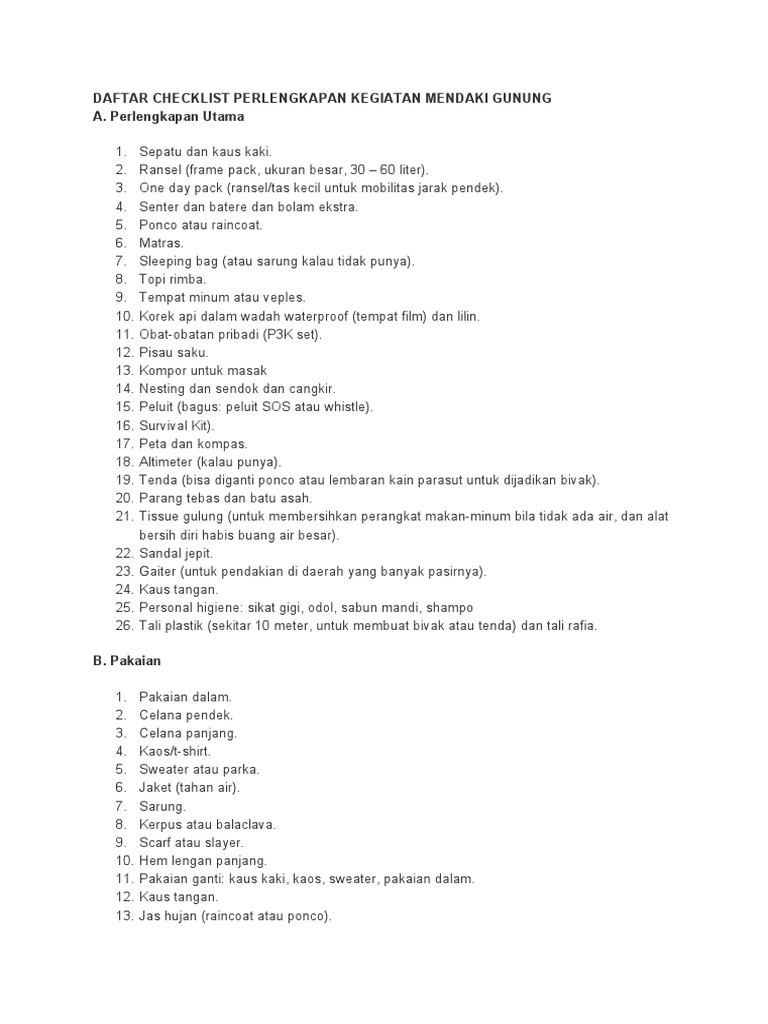 Checklist Perlengkapan Mendaki Gunung | PDF